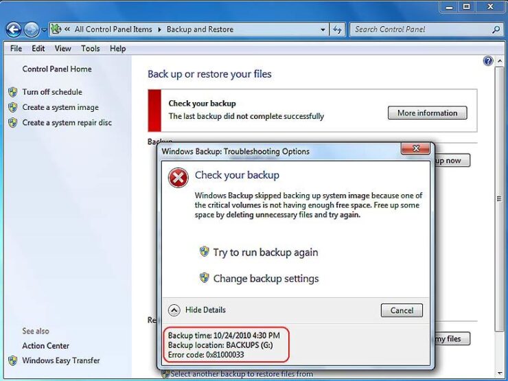 Windows 7 - Backup and Restore Error code: 0x81000033